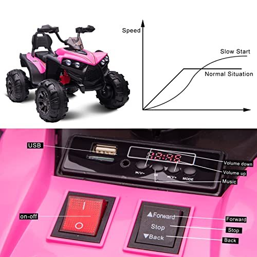 OTTARO 12V Ride on ATV 2 Seater, 4 Wheeler Electric Quad for Kids 3-8 w/ 17" Length Seat, LED Lights, 2 Speeds, Soft Braking, Rear Pedal & Backrest (Pink)