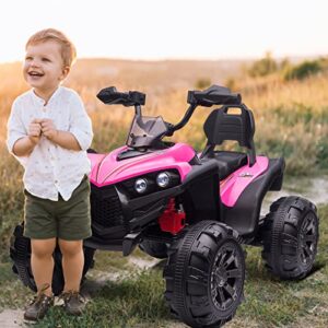 OTTARO 12V Ride on ATV 2 Seater, 4 Wheeler Electric Quad for Kids 3-8 w/ 17" Length Seat, LED Lights, 2 Speeds, Soft Braking, Rear Pedal & Backrest (Pink)