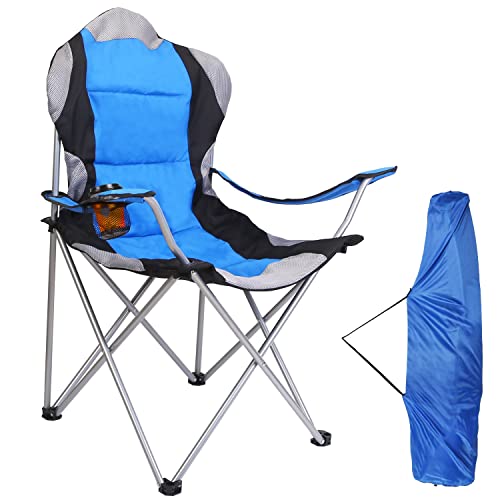 TeqHome Oversized Folding Camping Chair, Heavy Duty High Back Padded Arm Chair Support 330 LBS with Cup Holder, Outdoor Portable Lawn Chair Collapsible Quad Lumbar Back Chair for Sports Fishing Yard