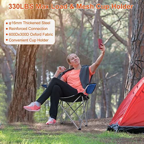 TeqHome Oversized Folding Camping Chair, Heavy Duty High Back Padded Arm Chair Support 330 LBS with Cup Holder, Outdoor Portable Lawn Chair Collapsible Quad Lumbar Back Chair for Sports Fishing Yard