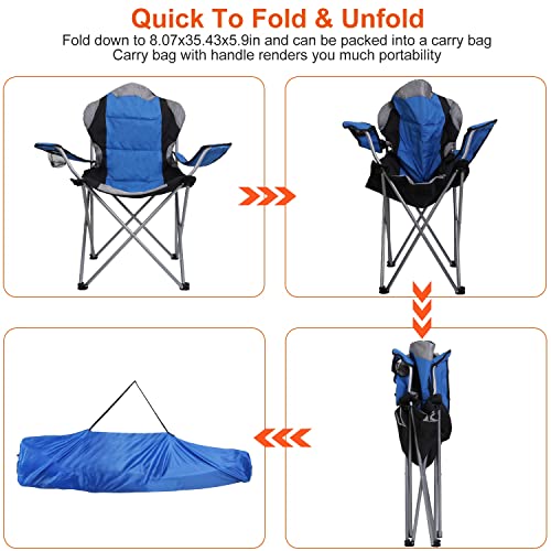 TeqHome Oversized Folding Camping Chair, Heavy Duty High Back Padded Arm Chair Support 330 LBS with Cup Holder, Outdoor Portable Lawn Chair Collapsible Quad Lumbar Back Chair for Sports Fishing Yard