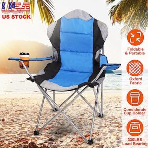 TeqHome Oversized Folding Camping Chair, Heavy Duty High Back Padded Arm Chair Support 330 LBS with Cup Holder, Outdoor Portable Lawn Chair Collapsible Quad Lumbar Back Chair for Sports Fishing Yard