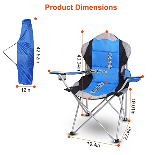 TeqHome Oversized Folding Camping Chair, Heavy Duty High Back Padded Arm Chair Support 330 LBS with Cup Holder, Outdoor Portable Lawn Chair Collapsible Quad Lumbar Back Chair for Sports Fishing Yard