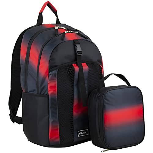 FUEL Backpack with Lunch Box Combo – 18” Two Compartment Water Resistant Durable Adjustable Straps with Side Water Bottle Pockets 2 in 1 Set - Red and Black