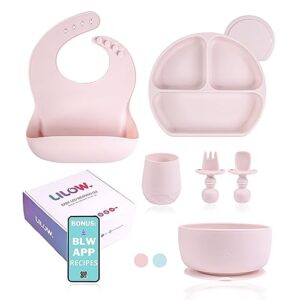 lilow silicone baby feeding set | baby led weaning supplies | suction baby plates and bowls set bib tiny cup spoon and fork| first stage baby dishes | self feeding utensils set for eating solid food