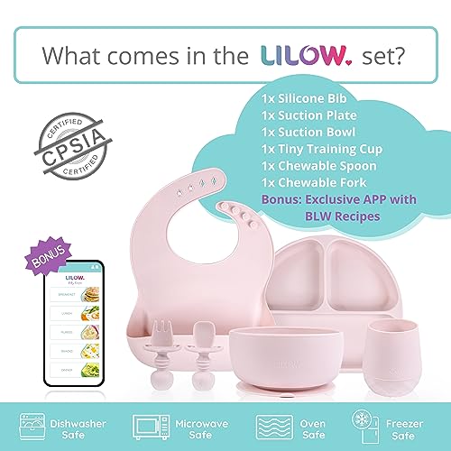 Lilow Silicone Baby Feeding Set | Baby Led Weaning Supplies | Suction Baby Plates and Bowls Set Bib Tiny Cup Spoon and Fork| First Stage Baby Dishes | Self Feeding Utensils Set for Eating Solid Food