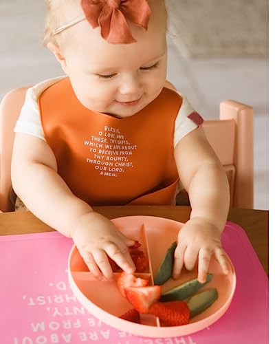 Be A Heart Catholic Silicone Bibs for Babies & Toddlers, Meal Blessing Prayer Bib, Baby Baptism Gift (Ube)