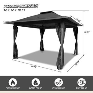 Outdoor Garden Gazebo for Patios with Stable Steel Frame and Netting Walls (12x12 FT,Black)