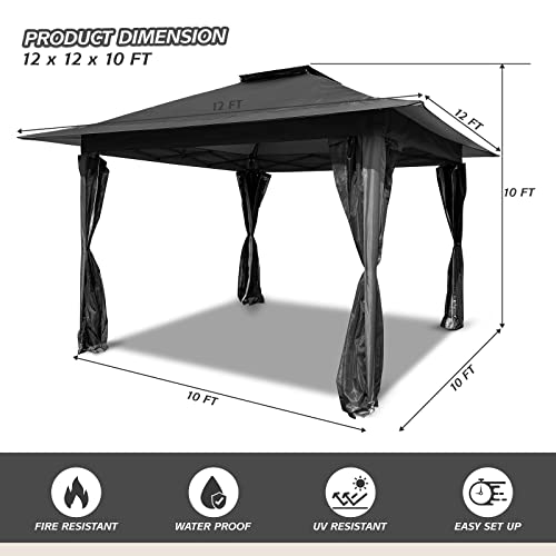 Outdoor Garden Gazebo for Patios with Stable Steel Frame and Netting Walls (12x12 FT,Black)