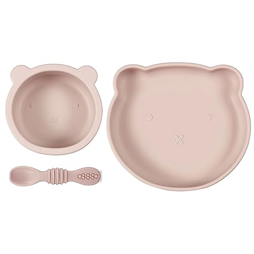 PandaEar Silicone Baby Feeding Set | Silicone Suction Toddler Plate Suction Bowl and Spoon for Self Feeding | Baby Led Weaning Supplies Eating Utensils (Bear Shape Pink)