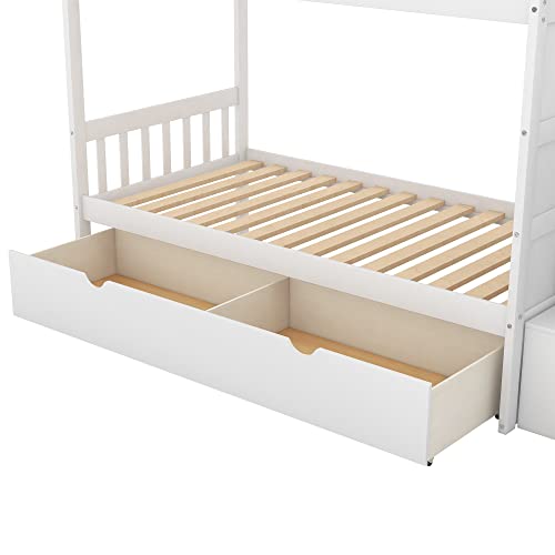 CITYLIGHT Bunk Beds Twin Over Full/Twin with Stairs, Wood Bunk Beds with Storage Drawers and Shelves, Convertible Bottom Bed, Stairway Bunk Bed for Bedroom,Dorm,White