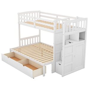 CITYLIGHT Bunk Beds Twin Over Full/Twin with Stairs, Wood Bunk Beds with Storage Drawers and Shelves, Convertible Bottom Bed, Stairway Bunk Bed for Bedroom,Dorm,White