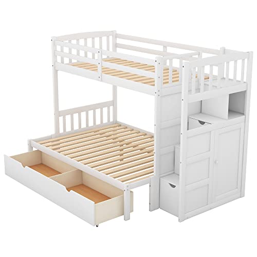 CITYLIGHT Bunk Beds Twin Over Full/Twin with Stairs, Wood Bunk Beds with Storage Drawers and Shelves, Convertible Bottom Bed, Stairway Bunk Bed for Bedroom,Dorm,White