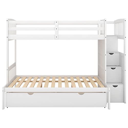 CITYLIGHT Bunk Beds Twin Over Full/Twin with Stairs, Wood Bunk Beds with Storage Drawers and Shelves, Convertible Bottom Bed, Stairway Bunk Bed for Bedroom,Dorm,White