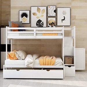 CITYLIGHT Bunk Beds Twin Over Full/Twin with Stairs, Wood Bunk Beds with Storage Drawers and Shelves, Convertible Bottom Bed, Stairway Bunk Bed for Bedroom,Dorm,White