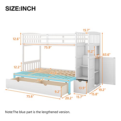 CITYLIGHT Bunk Beds Twin Over Full/Twin with Stairs, Wood Bunk Beds with Storage Drawers and Shelves, Convertible Bottom Bed, Stairway Bunk Bed for Bedroom,Dorm,White