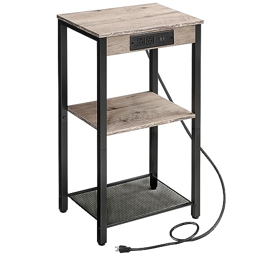 HOOBRO Tall End Table with Charging Station and USB Ports, 3-Tier Telephone Table, Small Entryway Table, Narrow Nightstand for Small Space in Living Room, Bedroom, Hallway, Rustic Brown BG09UDH01