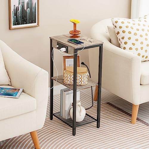 HOOBRO Tall End Table with Charging Station and USB Ports, 3-Tier Telephone Table, Small Entryway Table, Narrow Nightstand for Small Space in Living Room, Bedroom, Hallway, Rustic Brown BG09UDH01