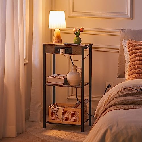 HOOBRO Tall End Table with Charging Station and USB Ports, 3-Tier Telephone Table, Small Entryway Table, Narrow Nightstand for Small Space in Living Room, Bedroom, Hallway, Rustic Brown BG09UDH01