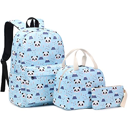 Mimfutu Panda School Backpack for Teen Girls, 3-in-1 Kids Backpack Bookbag Set School Bags with Lunch Box Pencil Case (Blue)