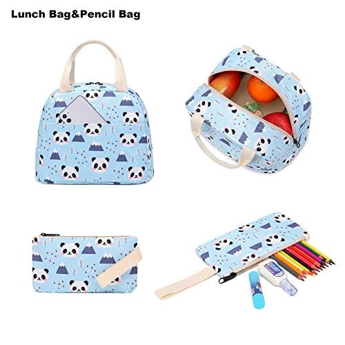 Mimfutu Panda School Backpack for Teen Girls, 3-in-1 Kids Backpack Bookbag Set School Bags with Lunch Box Pencil Case (Blue)