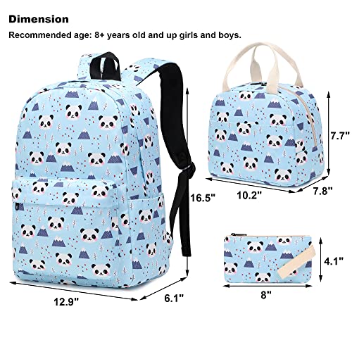 Mimfutu Panda School Backpack for Teen Girls, 3-in-1 Kids Backpack Bookbag Set School Bags with Lunch Box Pencil Case (Blue)