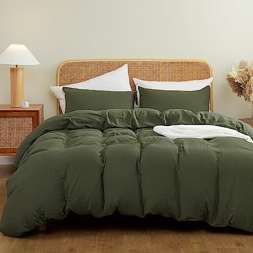 ATsense Duvet Cover Queen Size, Super Soft 100% Washed Microfiber 3 Piece Olive Green Comforter Cover Bedding Set with Zipper Closure, 1 Duvet Cover 90x90 and 2 Pillowcases