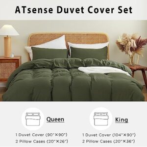 ATsense Duvet Cover Queen Size, Super Soft 100% Washed Microfiber 3 Piece Olive Green Comforter Cover Bedding Set with Zipper Closure, 1 Duvet Cover 90x90 and 2 Pillowcases