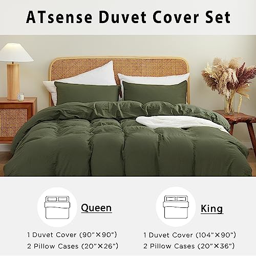 ATsense Duvet Cover Queen Size, Super Soft 100% Washed Microfiber 3 Piece Olive Green Comforter Cover Bedding Set with Zipper Closure, 1 Duvet Cover 90x90 and 2 Pillowcases