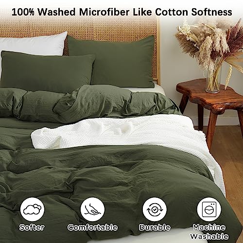 ATsense Duvet Cover Queen Size, Super Soft 100% Washed Microfiber 3 Piece Olive Green Comforter Cover Bedding Set with Zipper Closure, 1 Duvet Cover 90x90 and 2 Pillowcases