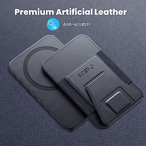 SQERO Magnetic Card Wallet with Foldable Stand for iPhone, Leather Magnetic Wallet for iPhone 14 iPhone 13 iPhone 12, iPhone Wallet Fit 4-6 Cards (Black)