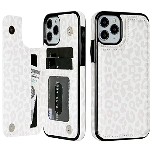 HAOPINSH for iPhone 11 Pro Wallet Case with Card Holder, White Leopard Cheetah Pattern Back Flip Case PU Leather Kickstand Card Slots Case for Women Girls, Double Magnetic Clasp Shockproof Cover 5.8"