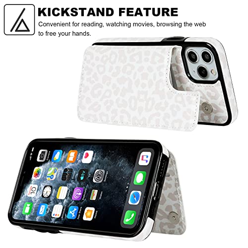 HAOPINSH for iPhone 11 Pro Wallet Case with Card Holder, White Leopard Cheetah Pattern Back Flip Case PU Leather Kickstand Card Slots Case for Women Girls, Double Magnetic Clasp Shockproof Cover 5.8"