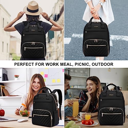 Lunch Backpack for Women, 15.6 inch Laptop Backpack with USB Port, Water Resistant Insulated Cooler Lunch Bag , Travel Work Laptop Bags with Lunch Box for College Work Pincic Camping Beaches, Black