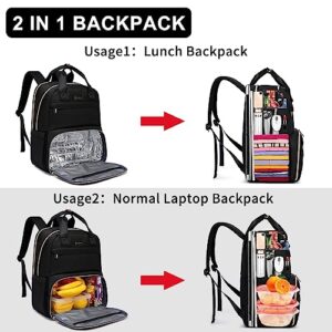 Lunch Backpack for Women, 15.6 inch Laptop Backpack with USB Port, Water Resistant Insulated Cooler Lunch Bag , Travel Work Laptop Bags with Lunch Box for College Work Pincic Camping Beaches, Black