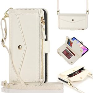 deyhu for iphone 11 phone case wallet with zipper card holders for women,iphone 11 phone cases slots crossbody flip folio book cover with credit card holder men for iphone11 case - white