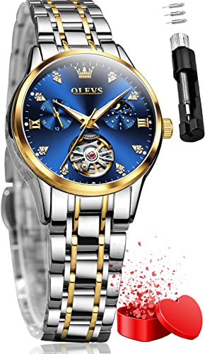 OLEVS Women Automatic Wrsit Watches Luxury Stainless Steel Gold and Silver Small Wrist Mechanical Moon Phase Blue Waterproof Ladies Watches