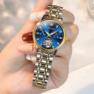 OLEVS Women Automatic Wrsit Watches Luxury Stainless Steel Gold and Silver Small Wrist Mechanical Moon Phase Blue Waterproof Ladies Watches