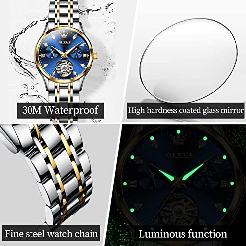 OLEVS Women Automatic Wrsit Watches Luxury Stainless Steel Gold and Silver Small Wrist Mechanical Moon Phase Blue Waterproof Ladies Watches