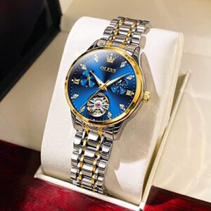 OLEVS Women Automatic Wrsit Watches Luxury Stainless Steel Gold and Silver Small Wrist Mechanical Moon Phase Blue Waterproof Ladies Watches