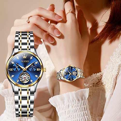 OLEVS Women Automatic Wrsit Watches Luxury Stainless Steel Gold and Silver Small Wrist Mechanical Moon Phase Blue Waterproof Ladies Watches