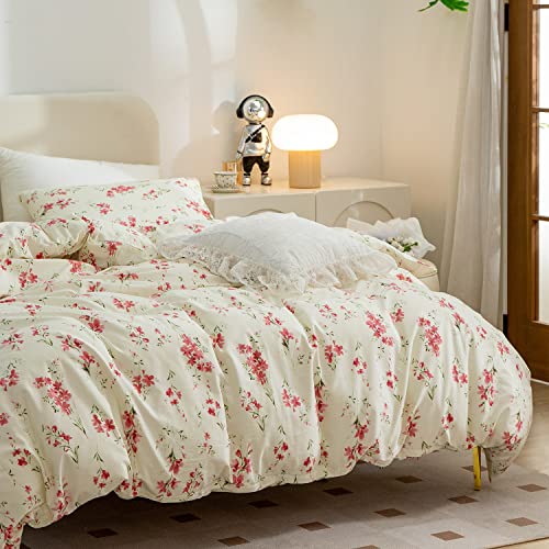 Twin Floral Duvet Cover, 100% Cotton 3 Pieces Twin Floral Bedding Sets for Girls, Red Floral Chic Garden Style Floral Pattern Printed Twin Floral Duvets with Zipper Closure (Floral, Twin)