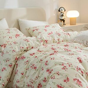 Twin Floral Duvet Cover, 100% Cotton 3 Pieces Twin Floral Bedding Sets for Girls, Red Floral Chic Garden Style Floral Pattern Printed Twin Floral Duvets with Zipper Closure (Floral, Twin)