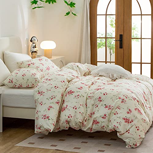 Twin Floral Duvet Cover, 100% Cotton 3 Pieces Twin Floral Bedding Sets for Girls, Red Floral Chic Garden Style Floral Pattern Printed Twin Floral Duvets with Zipper Closure (Floral, Twin)