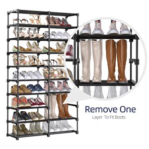 HODYANN Shoe Rack, 9 Tiers Tall Shoe Rack, 36-40 Pairs Shoe Organizer with Nonwoven Fabric Cover, Double Row Black Shoe Rack for Closet (Black Rack with Gray Cover)