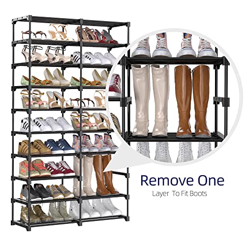 HODYANN Shoe Rack, 9 Tiers Tall Shoe Rack, 36-40 Pairs Shoe Organizer with Nonwoven Fabric Cover, Double Row Black Shoe Rack for Closet (Black Rack with Gray Cover)