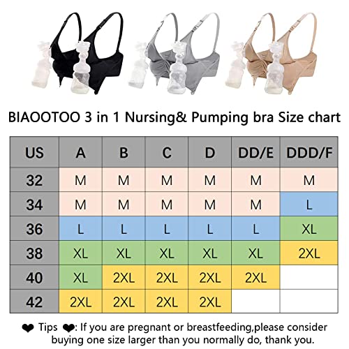 Pumping Bra Hands Free, BIAOOTOO 3-Pack Adjustable Breast-Pumps Holding and Nursing Bra, Plus Size Breast Pump Bra, Suitable for Most Breast Pumps(M, Black+Beige+Grey)