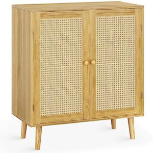 Huuger Buffet Cabinet with Storage, Storage Cabinet with PE Rattan Decor Doors, Accent Cabinet with Solid Wood Feet, Sideboard Cabinet for Hallway, Entry, Living Room, Natural