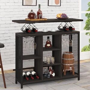 lvb home bar unit, modern liquor bar table, industrial mini bar stand with wine rack and storage shelf, wood metal indoor coffee bar cabinet for kitchen living dining room pub, dark gray oak, 47 inch