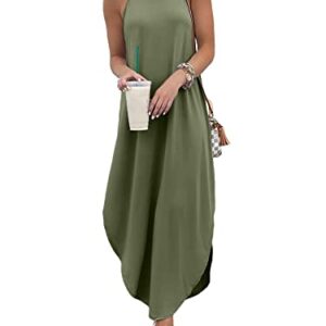 ANRABESS Women's Summer Casual Halter Neck Sundress Sleeveless Split Maxi Long Beach Dress with Pockets 991ganlanlv-M Olive